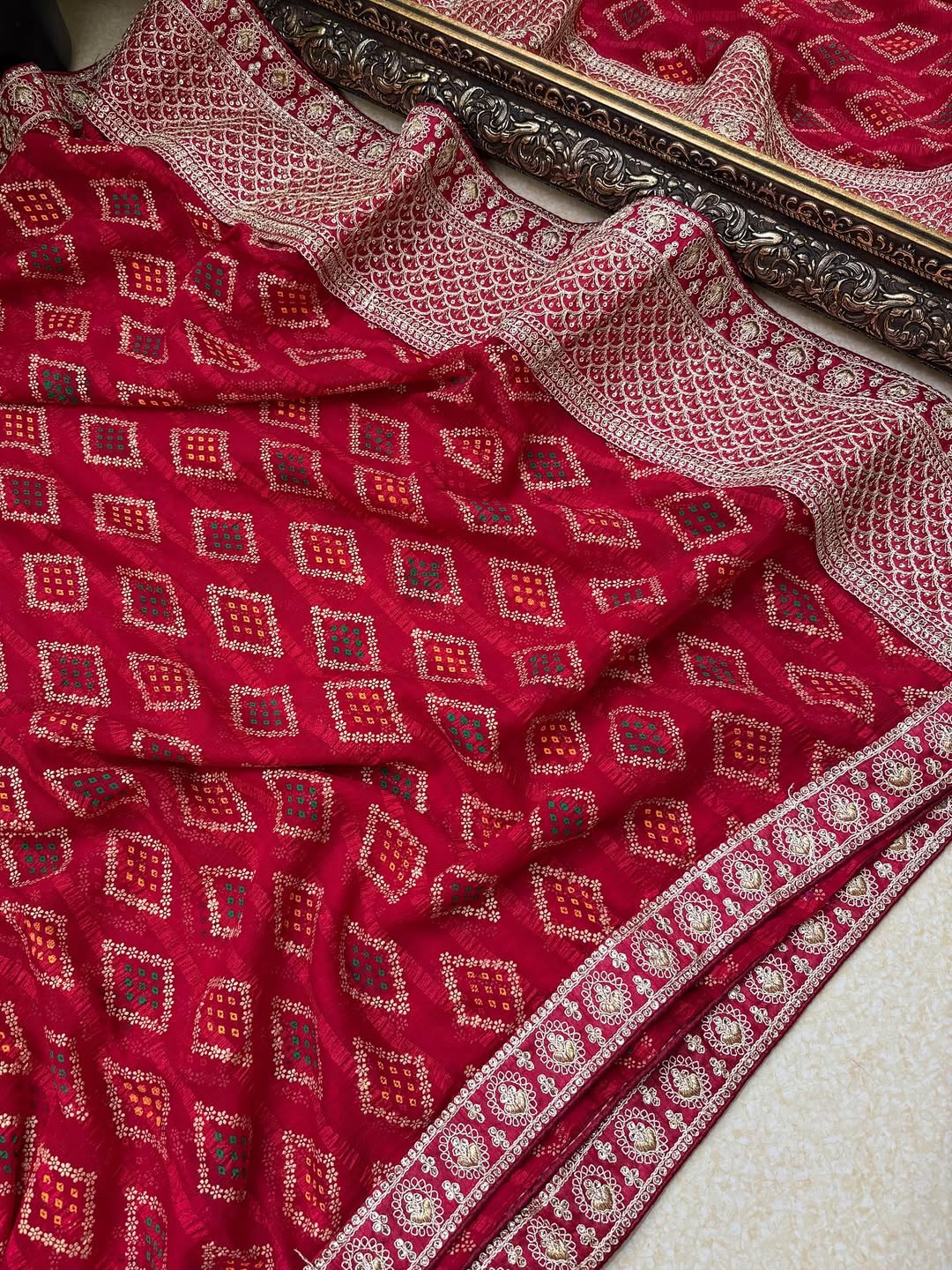 RED BANDANI PRINTED GEORGETTE SAREE – Theja Couture