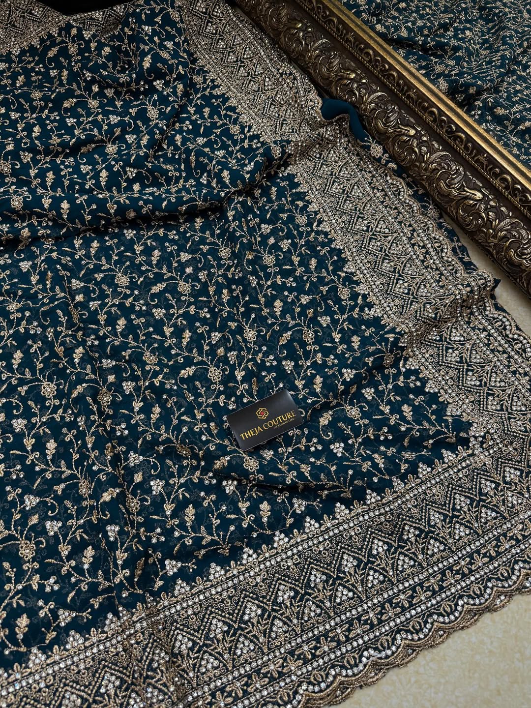 TEAL BLUE BRIDAI SEQUENCE GEORGETTE SAREE – Theja Couture